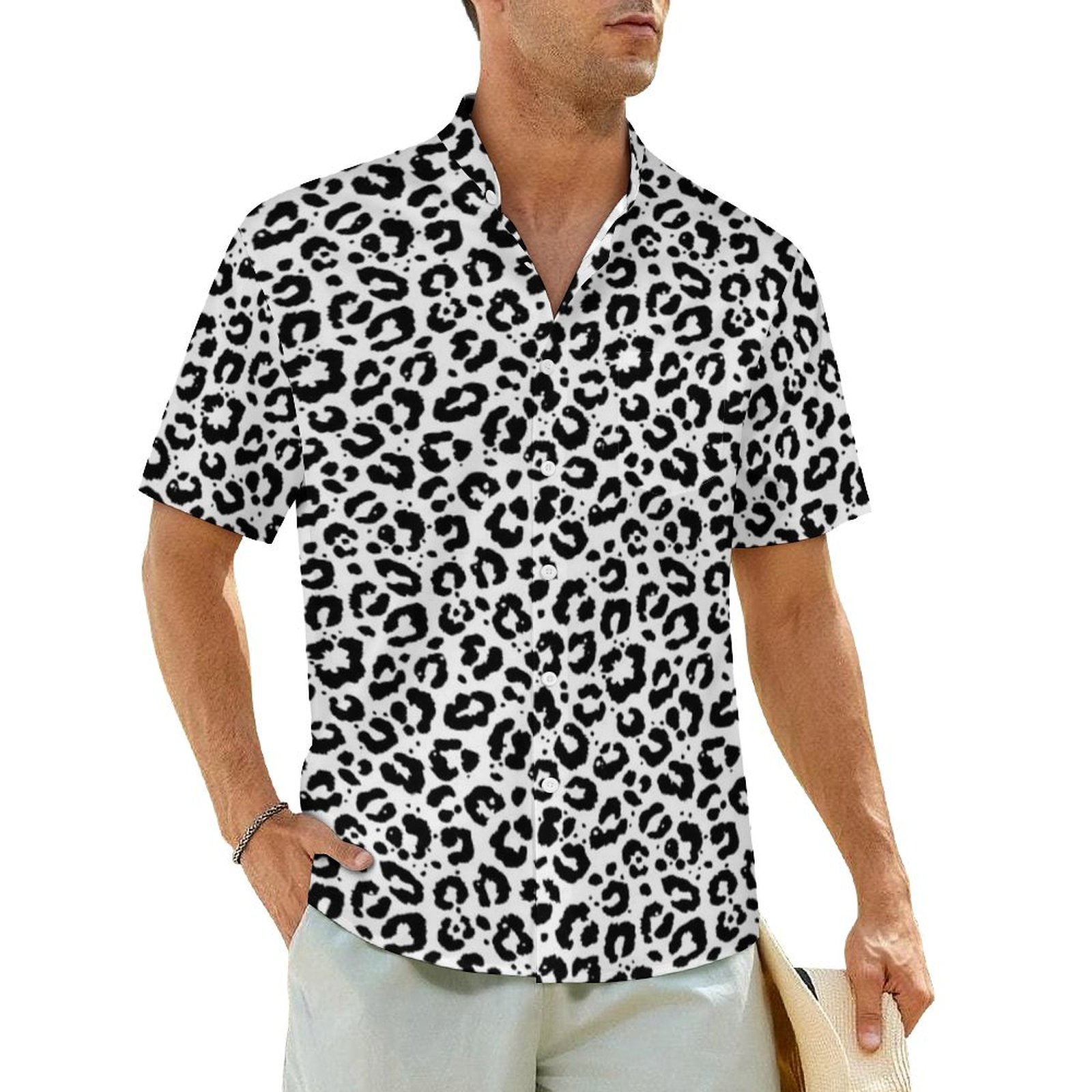 Black White Leopard Print Beach Shirt Man Animale Snow Cheetah Casual ...
