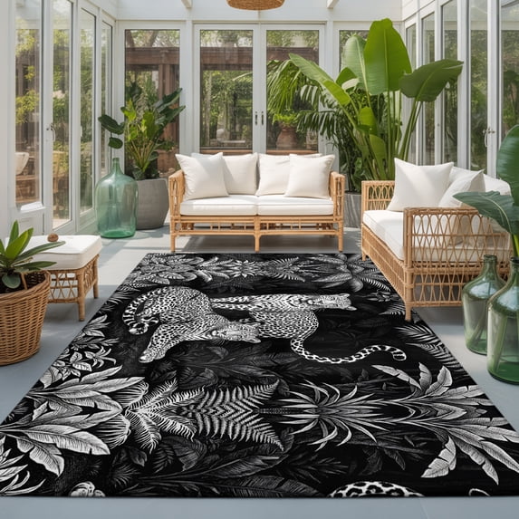 Black And White Leopard Washable Living Room Rugs 5'x7', Tropical ...
