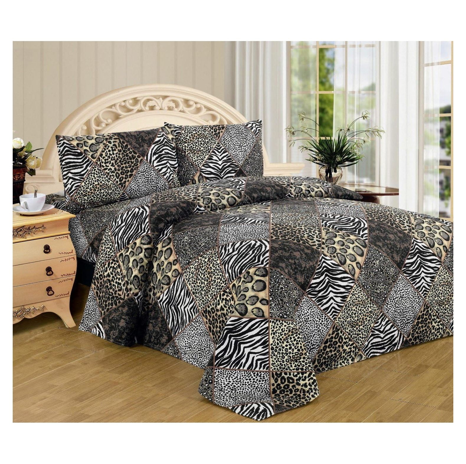 Black White Leopard Zebra King Size Sheet Set 4 Pc Safari Animal Print ...