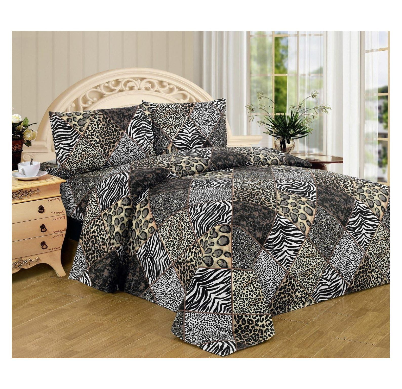 Black White Leopard Zebra King Size Sheet Set 4 Pc Safari Animal Print ...