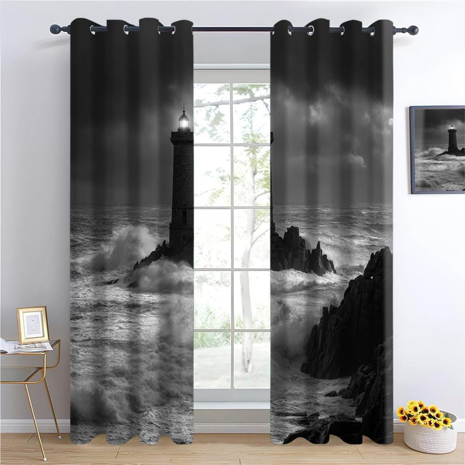 Black White Lighthouse Curtains, Thermal Insulated Darkening Drapes For ...