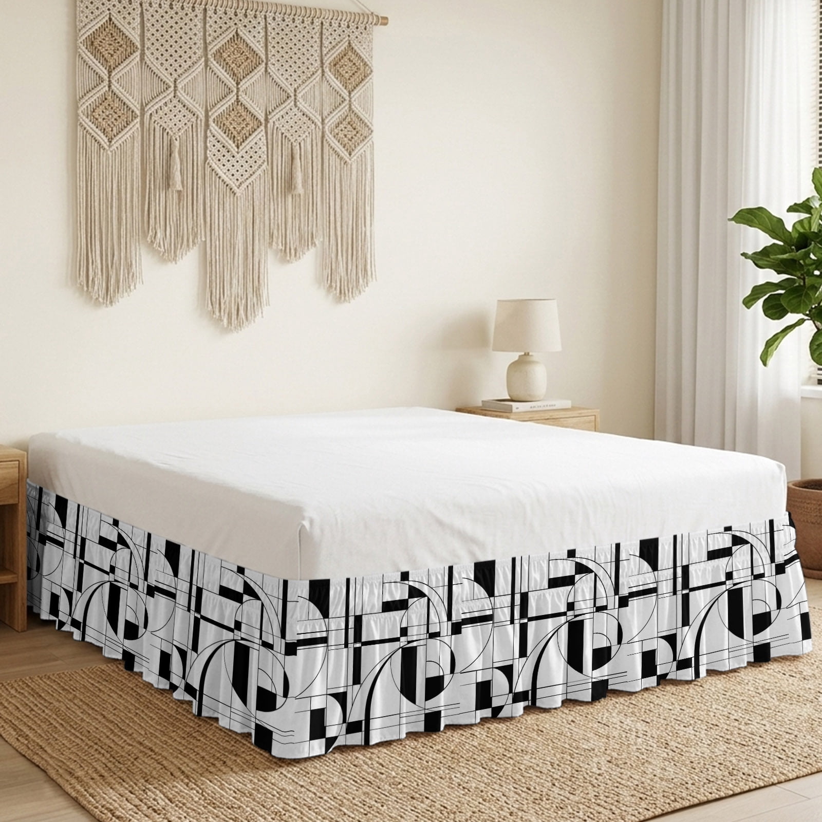 Black White Linear Grid Bed Skirt Bed Skirts King Size 16 Inch Drop ...