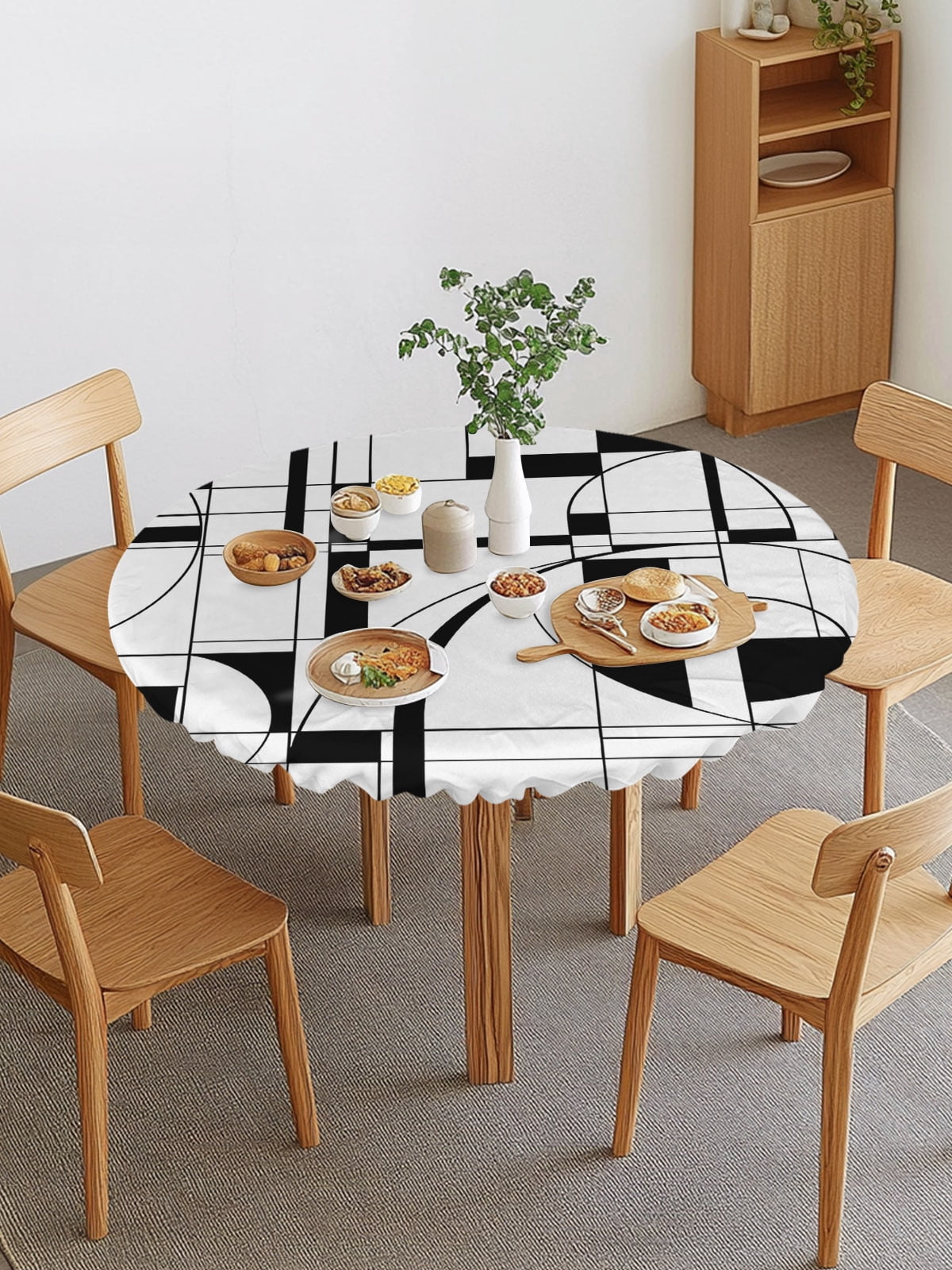 Black White Linear Grid Round Fitted Tablecloth with Elastic Edge ...