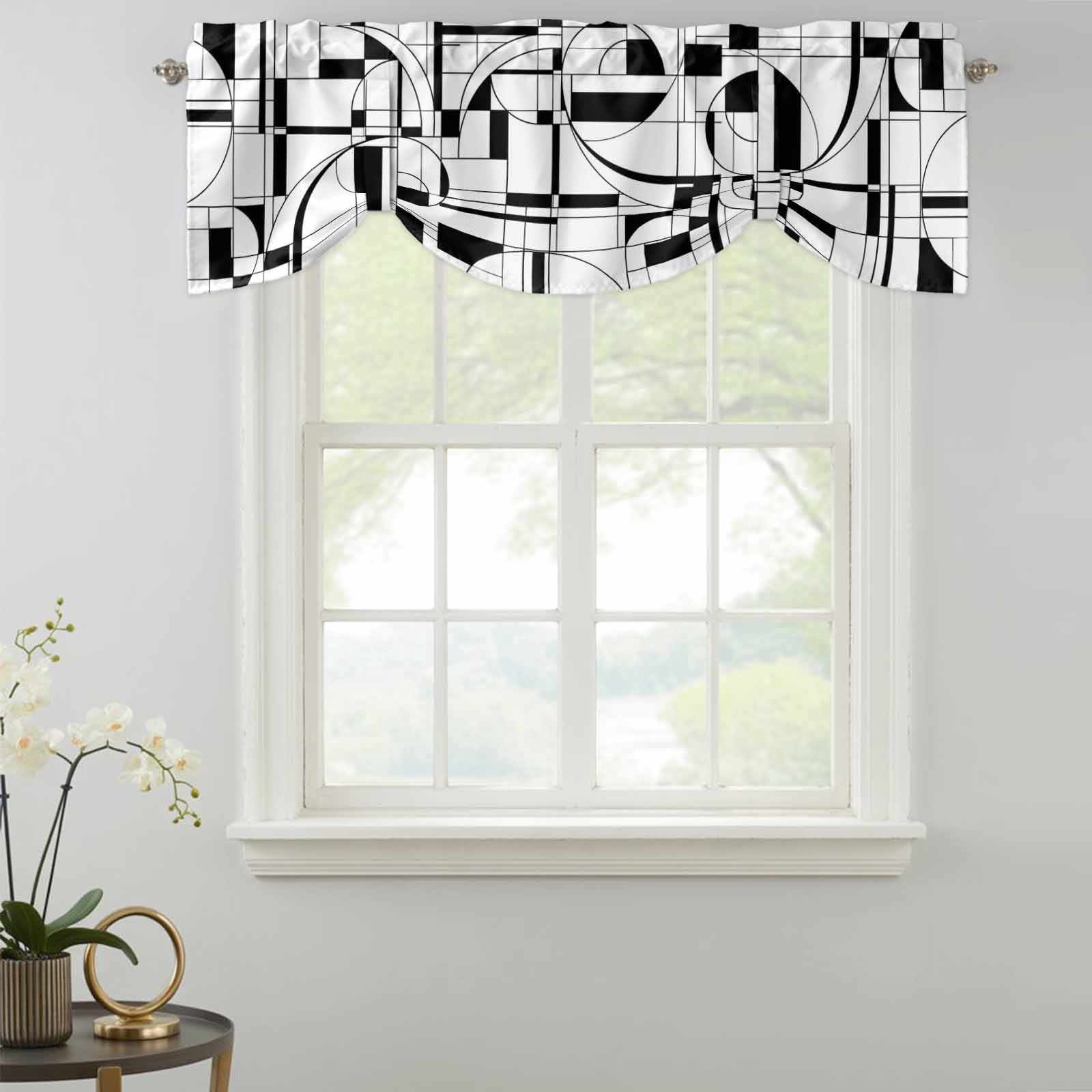 Black White Linear Grid Tie Up Valances Curtain, Modern Abstract ...