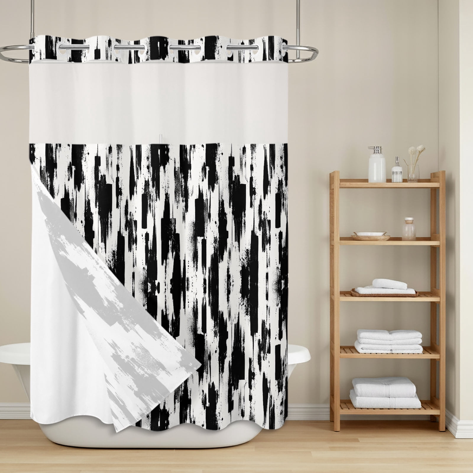 Black White Lines No Hook Shower Curtain with Snap in Liner, Modern ...