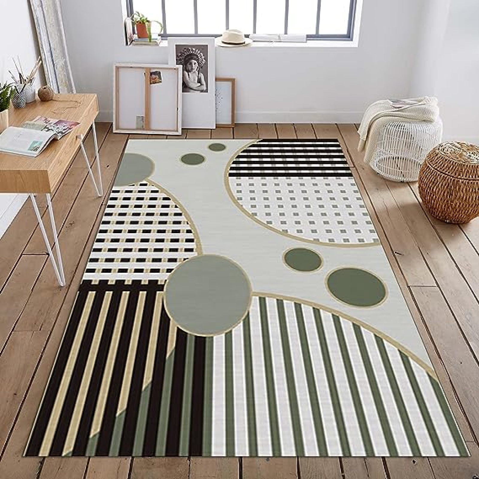 Black White Lines Large Area Rugs, Plaid Stripe Runner Rug, Non-Slip ...