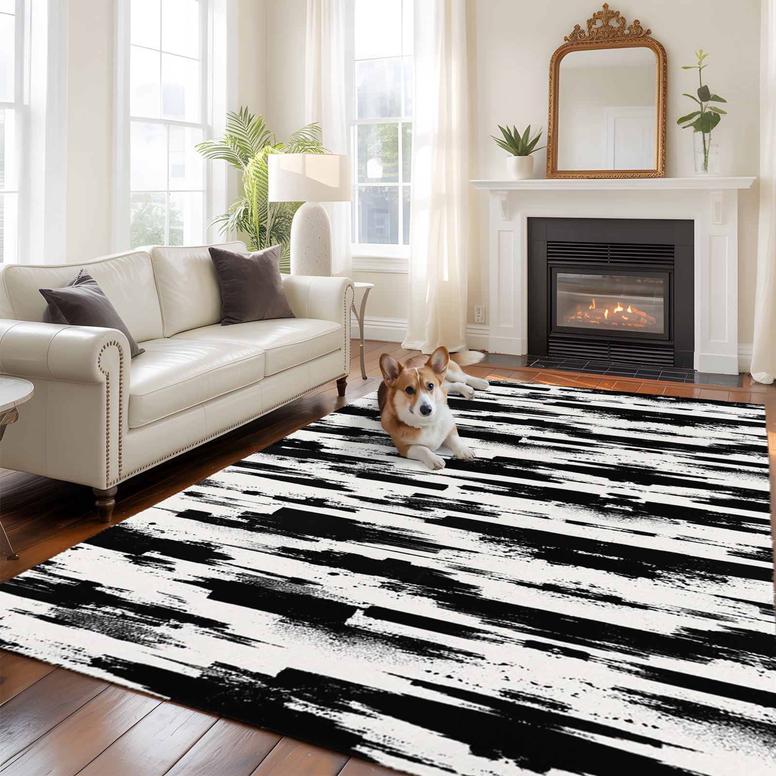 Black White Lines Washable Area Rug 5x8 Modern Abstract Art Vertical ...