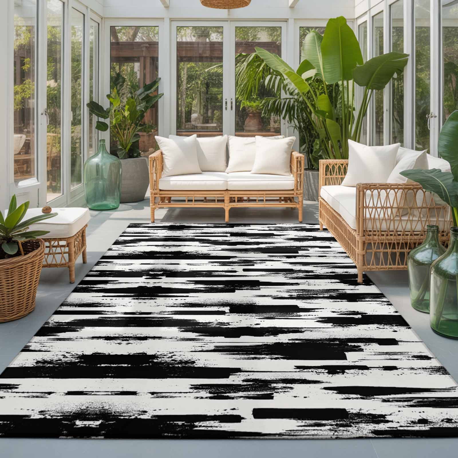 Black White Lines Washable Area Rugs 3'x5', Modern Abstract Art ...