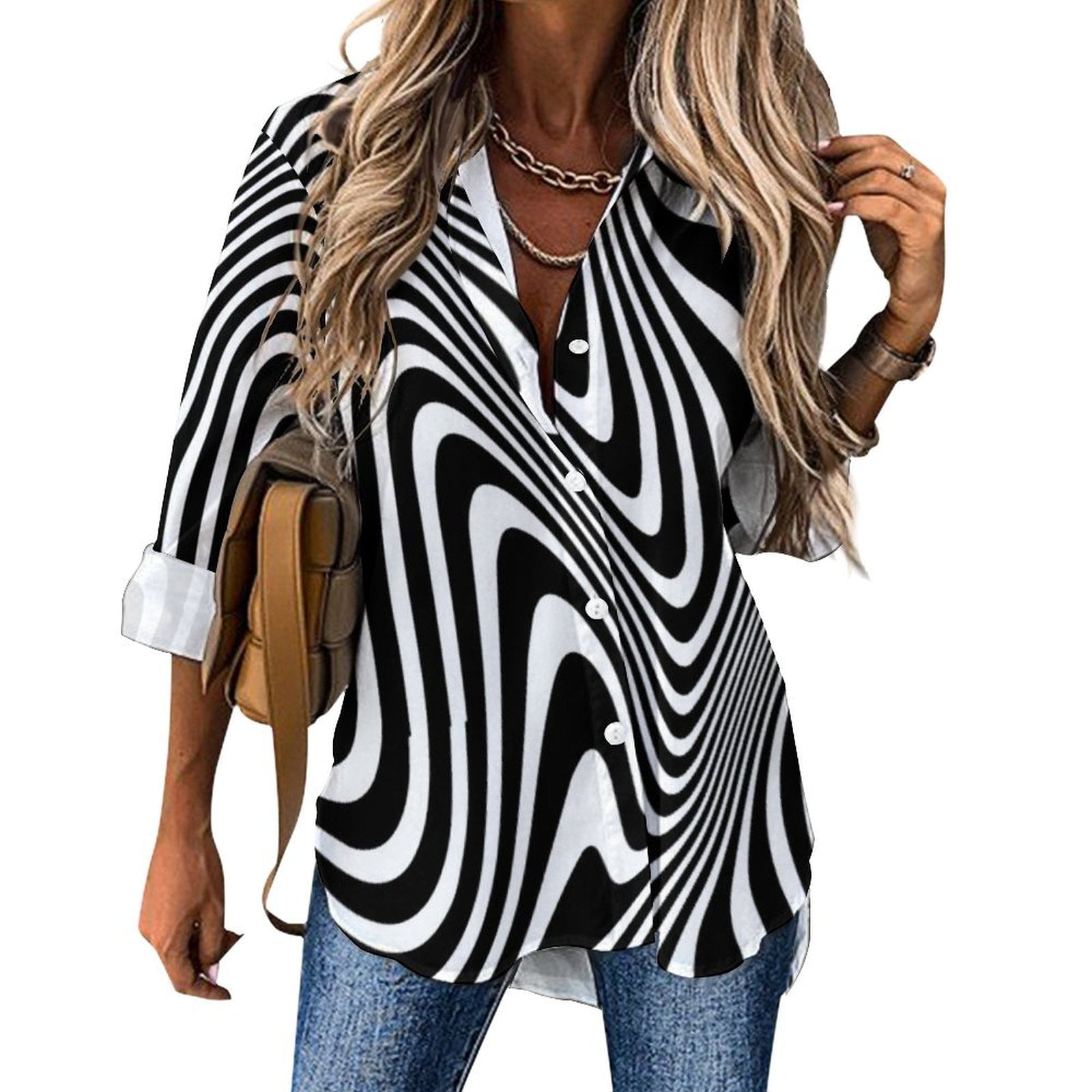 Black White Linework Women's Button Down Long Sleeve Shirts Irregular ...