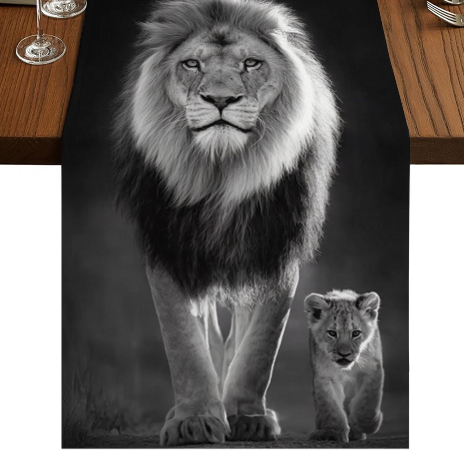 Black White Lions Burlap Cotton Table Runner 13x108 Inches Long ...