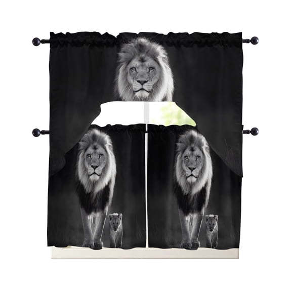 Black White Lions Kitchen Curtains Set for Windows 3 Piece Cafe ...