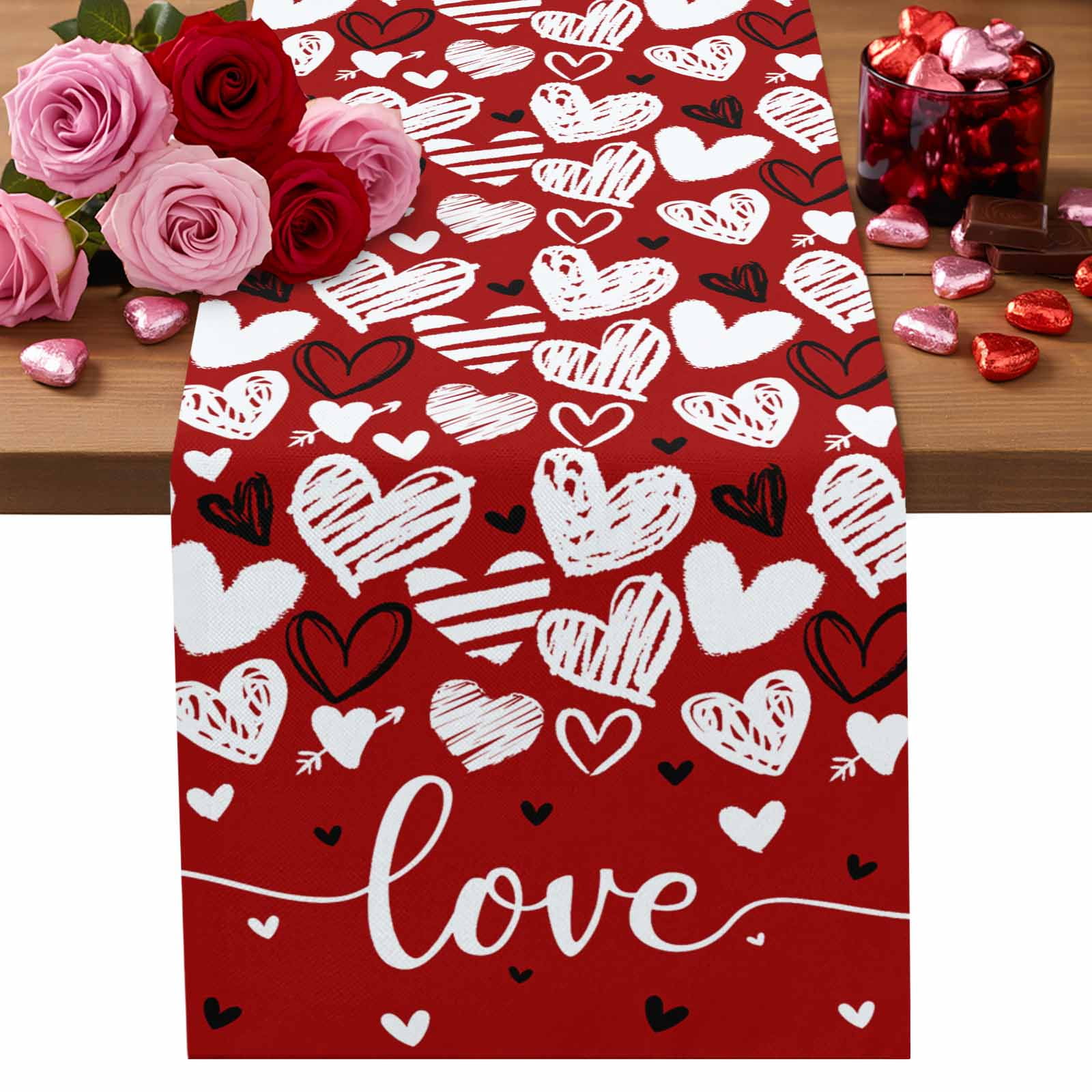 Black White Love Cotton Linen Table Runner Valentine's Day Dining Table ...