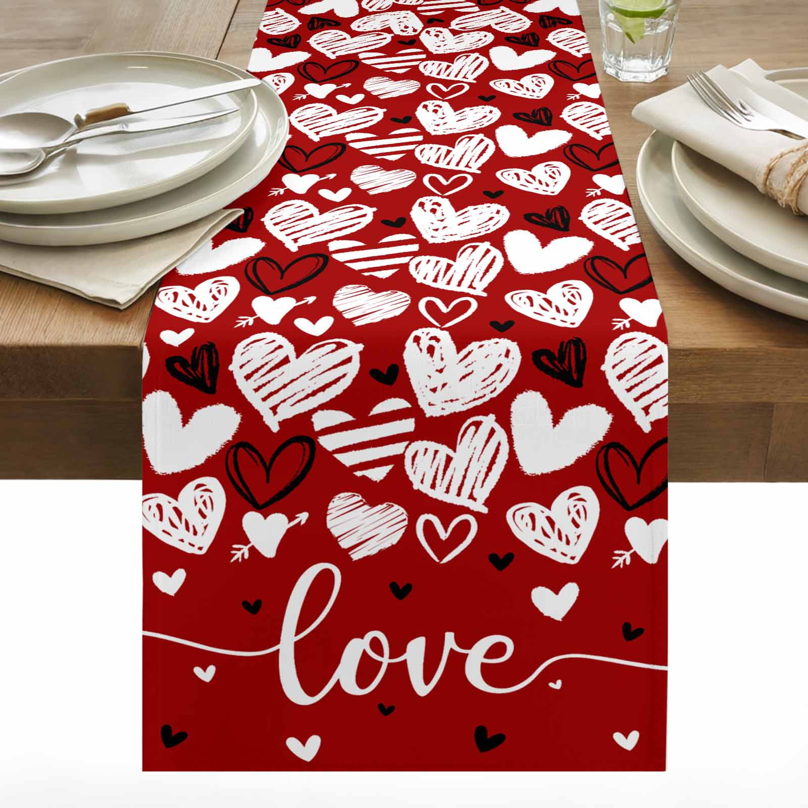 Black White Love Table Runner 13x90 inch Valentine's Day Cotton Linen ...