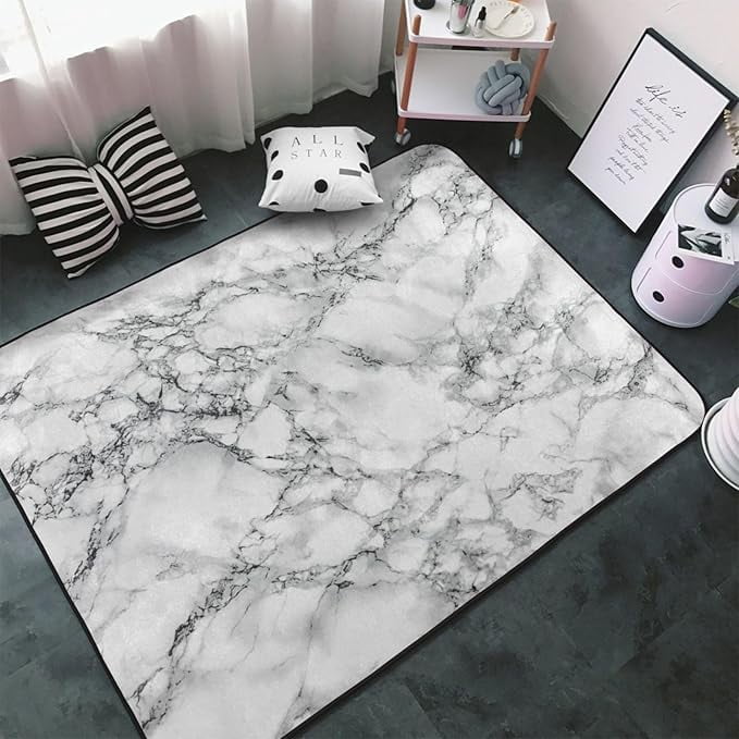 Black And White Marble Area Rug Non-Slip Soft Microfiber Washable ...