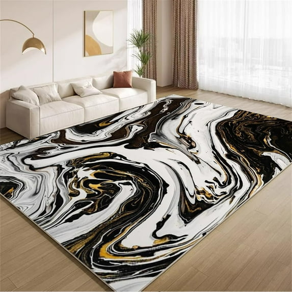 Black White Marble Area Rugs, Fluid Gold Texture Entryway Rugs, Short ...