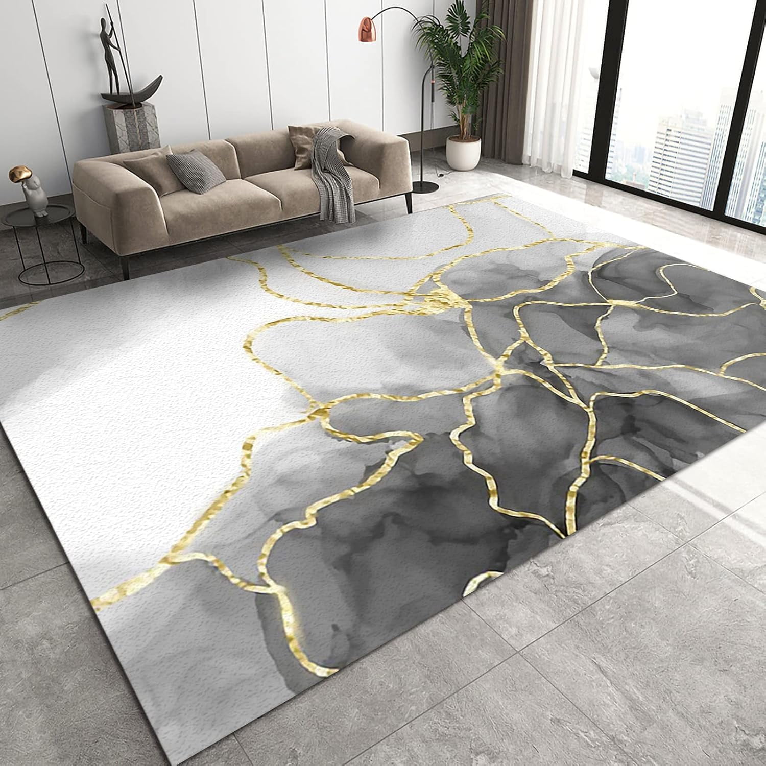 Black and White Marble Bathroom Rugs, Golden Irregular Curved Line Art ...