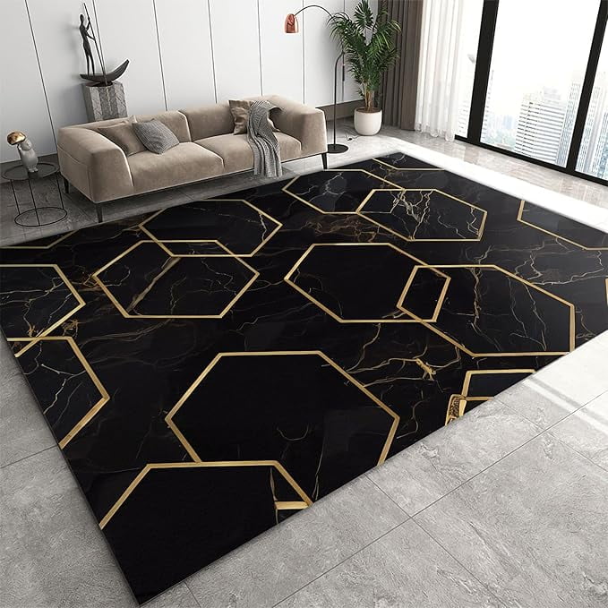 Black And White Marble Cracks Area Rug, Gold Geometric Diamond Pattern ...