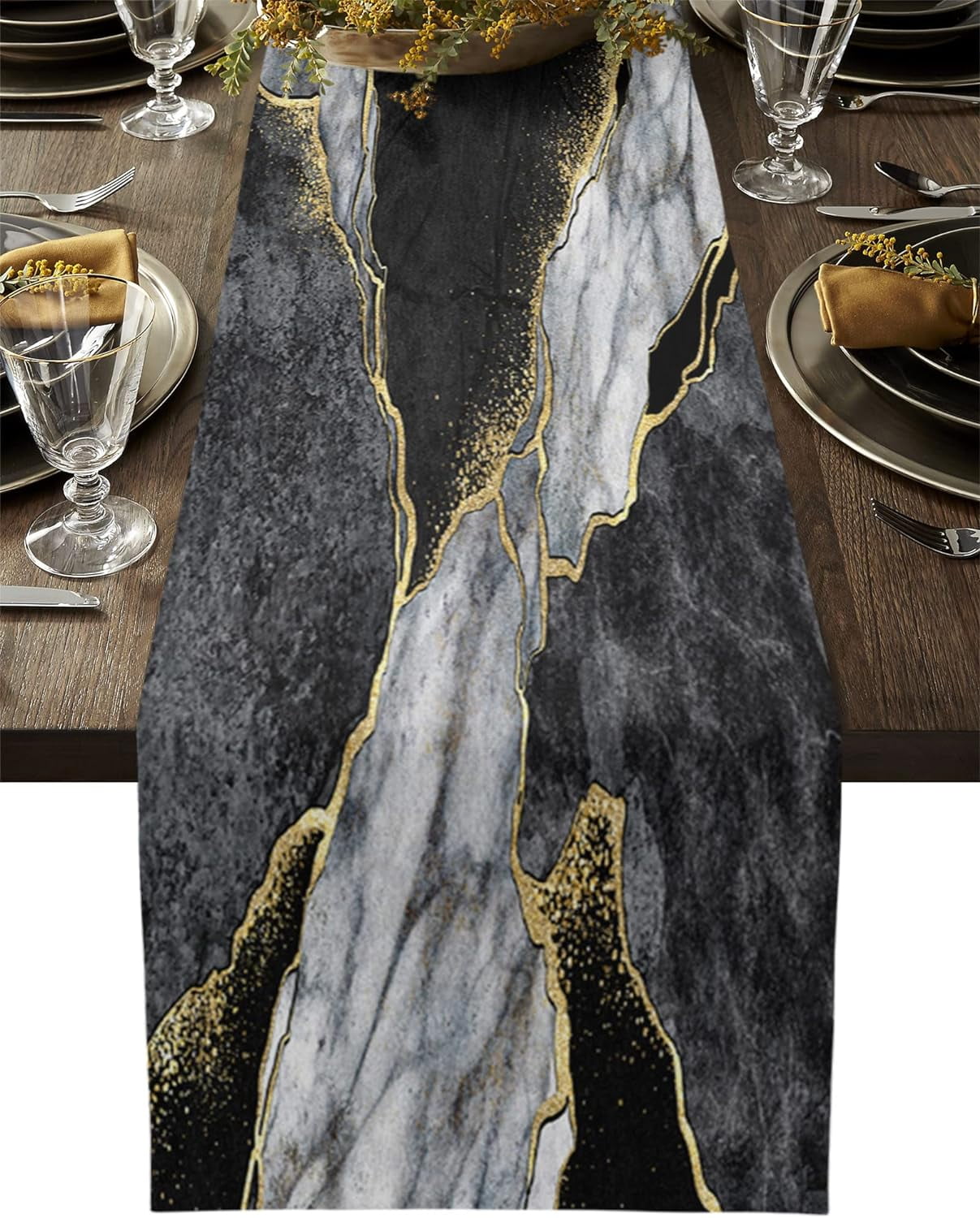 Black White Marble Gold Stripe linen Table Runners Abstract Agate ...