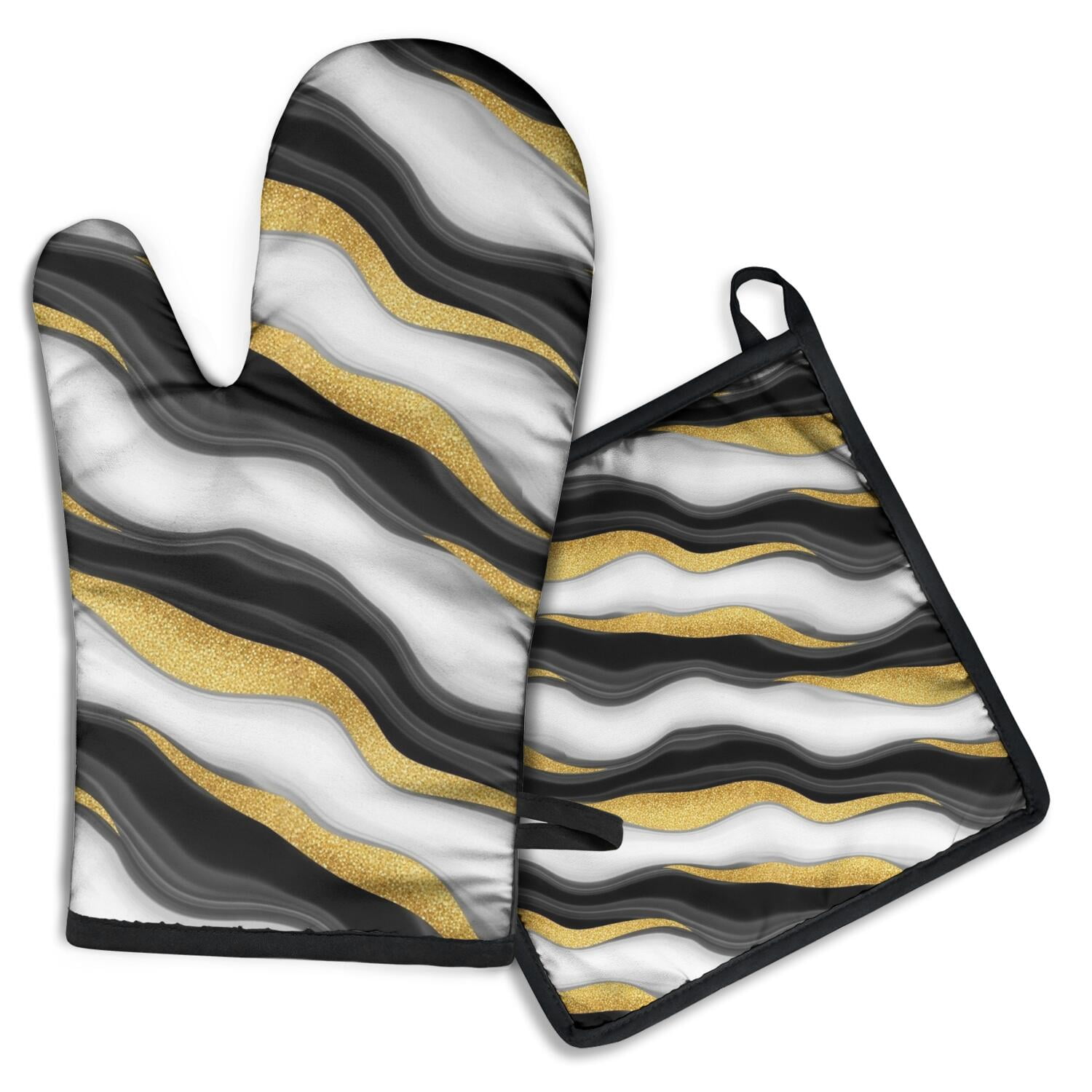 Black White Marble Gold Wave Pattern Kitchen Oven Mitt and Pot Holder ...