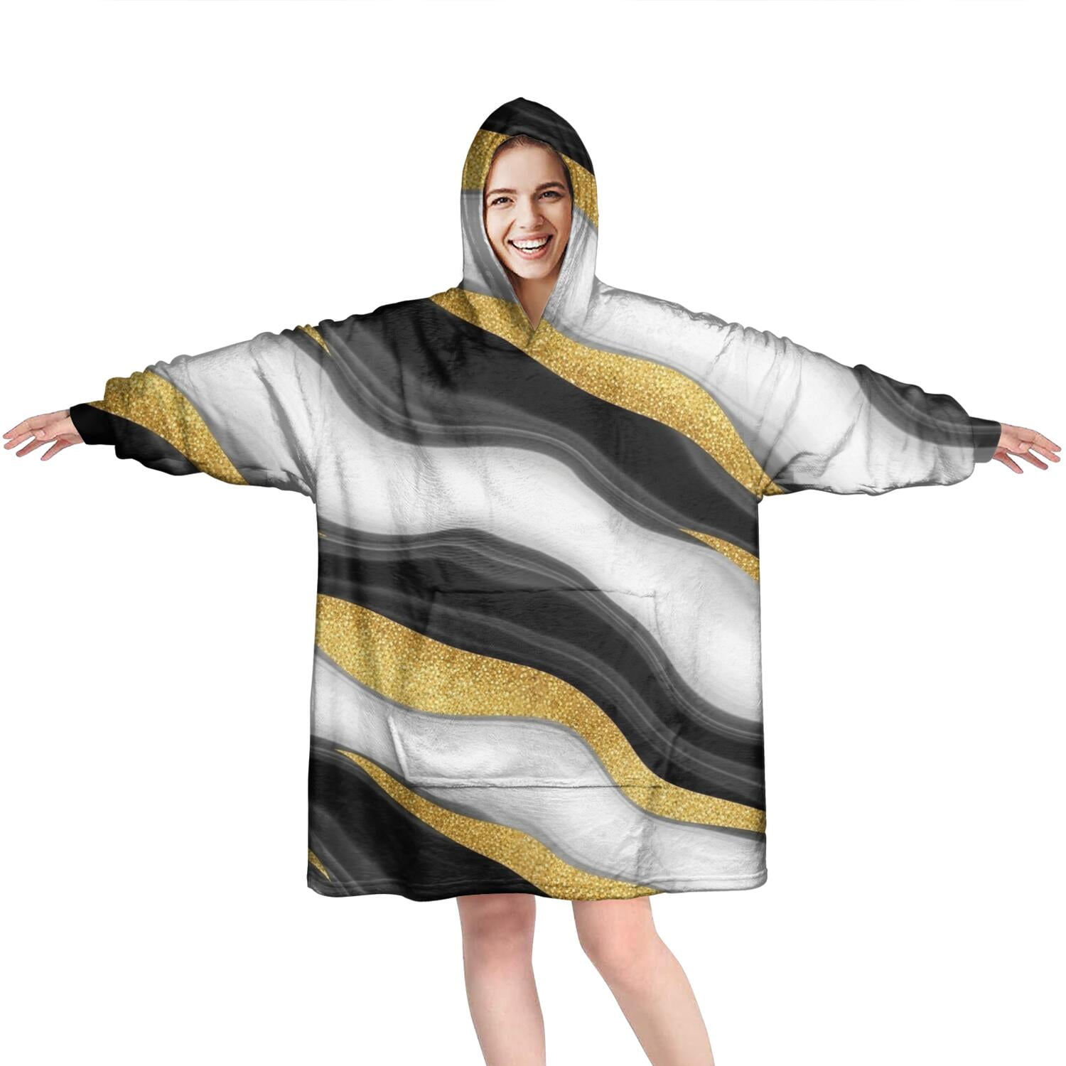 Black White Marble Gold Wave Pattern Wearable Oversized Blanket ...