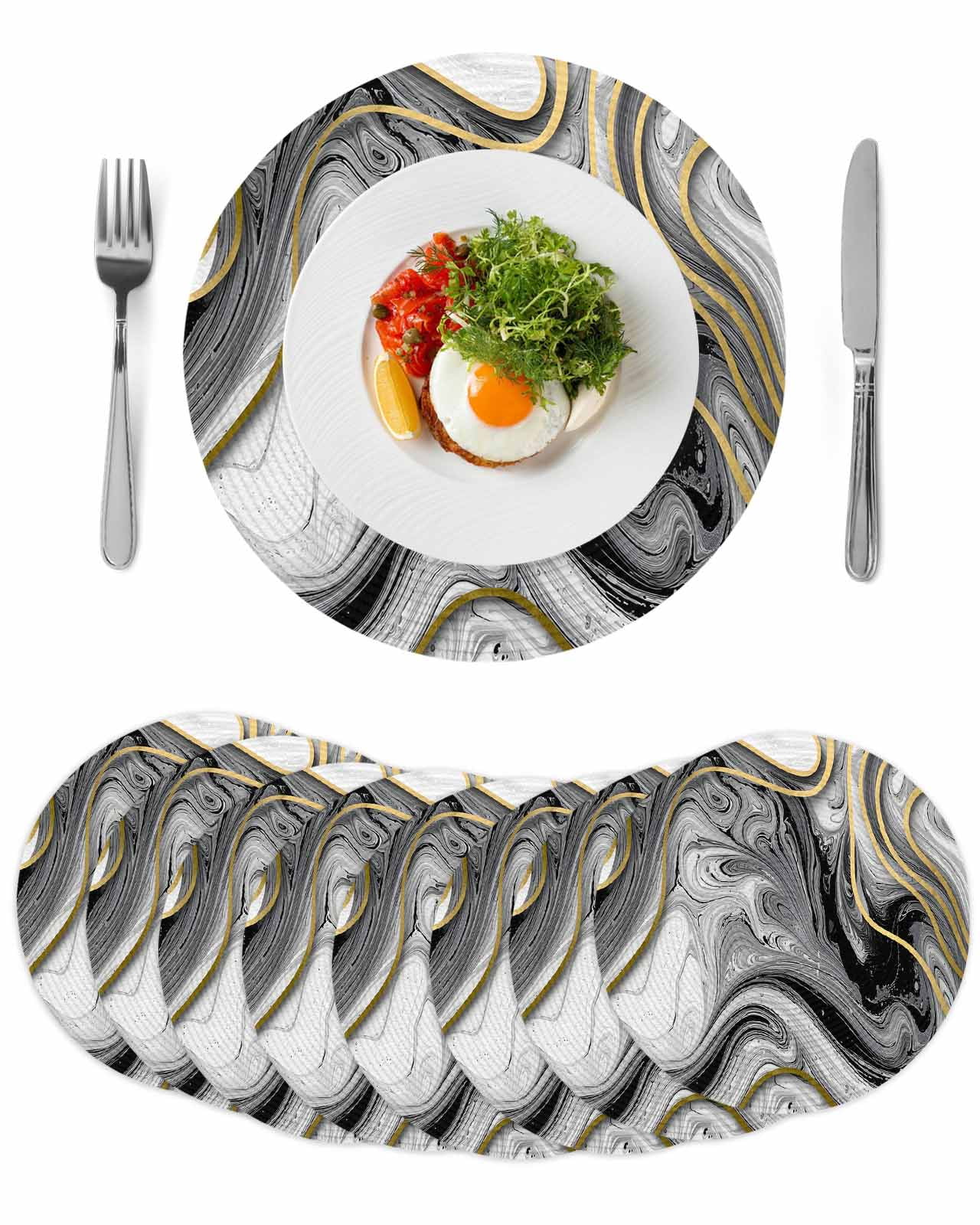 Black and White Marble Round Table Placemats set of 8, Abstract Golden ...