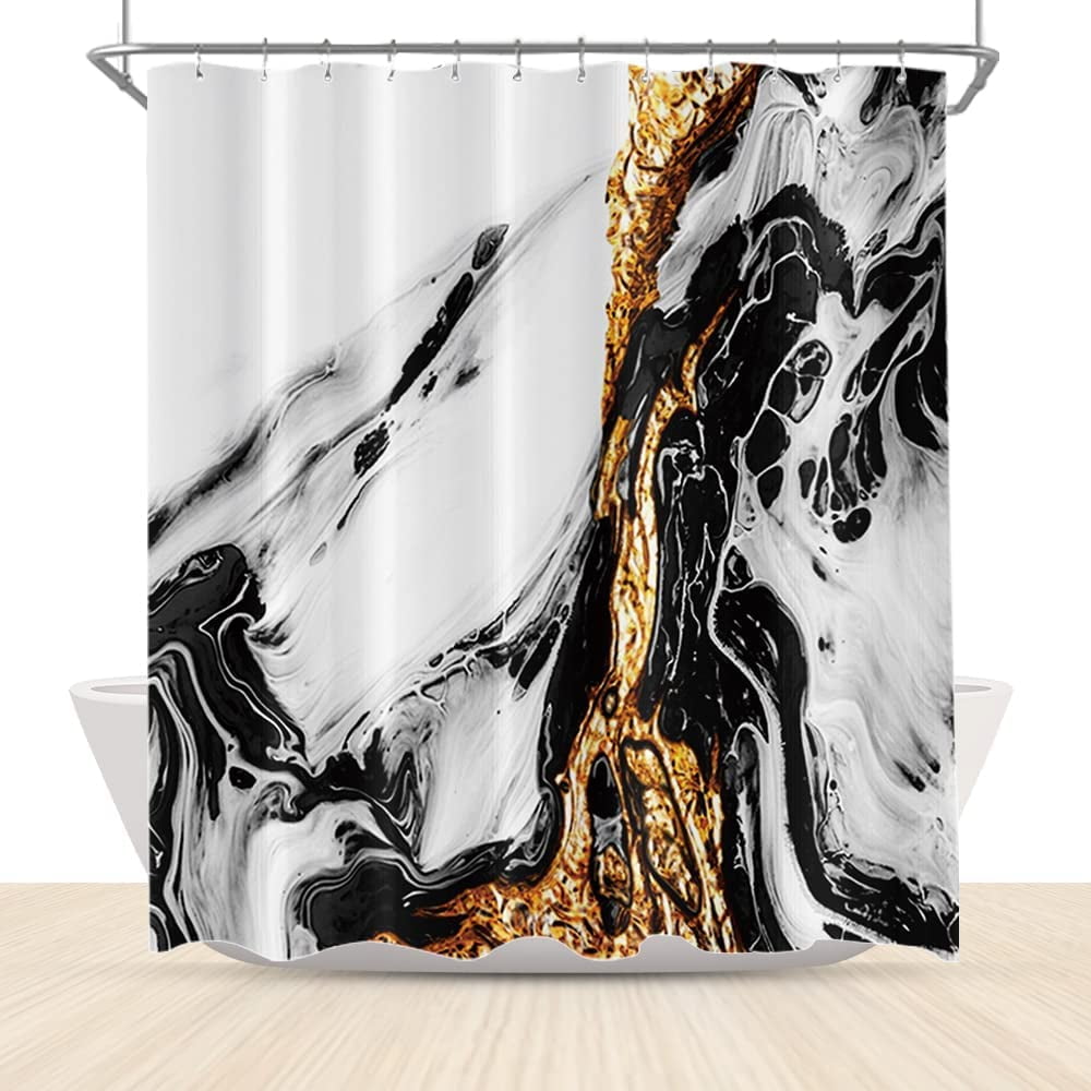 Black White Marble Shower Curtain for Mens, Black and Gold Abstract Shower Curtain Ink Texture ...