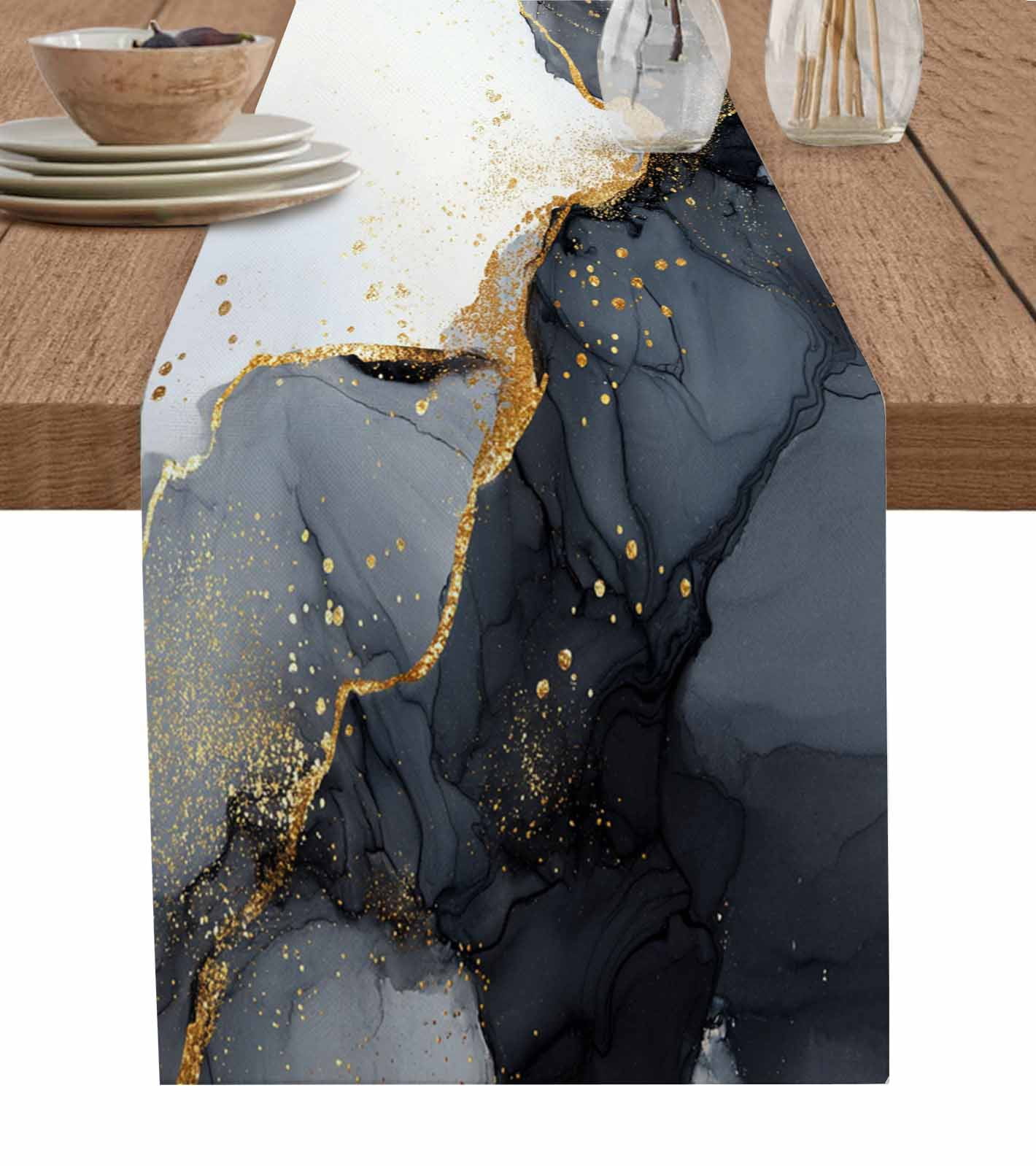 Black White Marble Table Runner 36 Inches, Retro Modern Abstract Marble ...