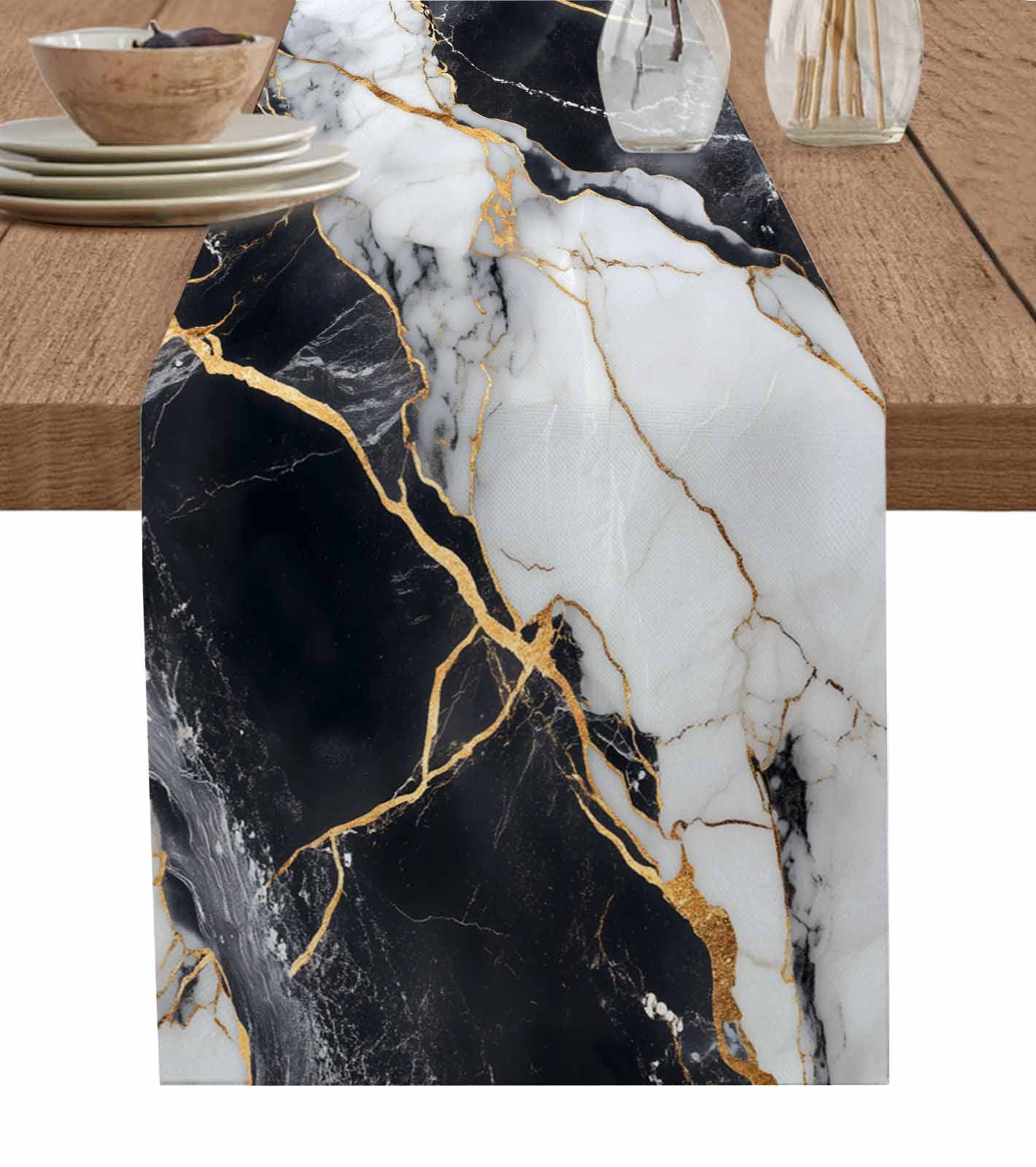 Black White Marble Table Runners 90 Inches Long, Cotton Linen Fabric ...