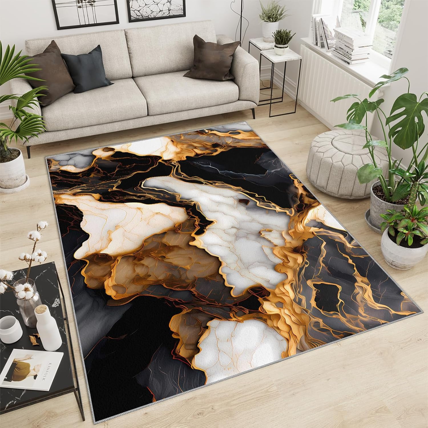 Black And White Marble Texture Area Rugs Abstract Irregular Light ...