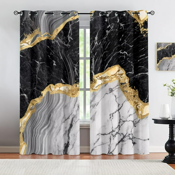 Black And White Marble Texture Blackout Curtains, Gold Foil Geometric ...
