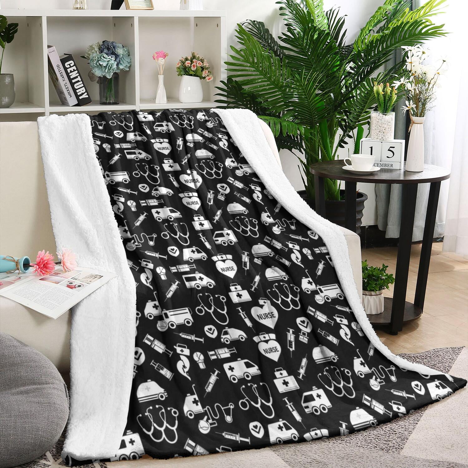 Black White Medical Symbol Pattern Blanket,Comfortable Soft Lamb Wool ...