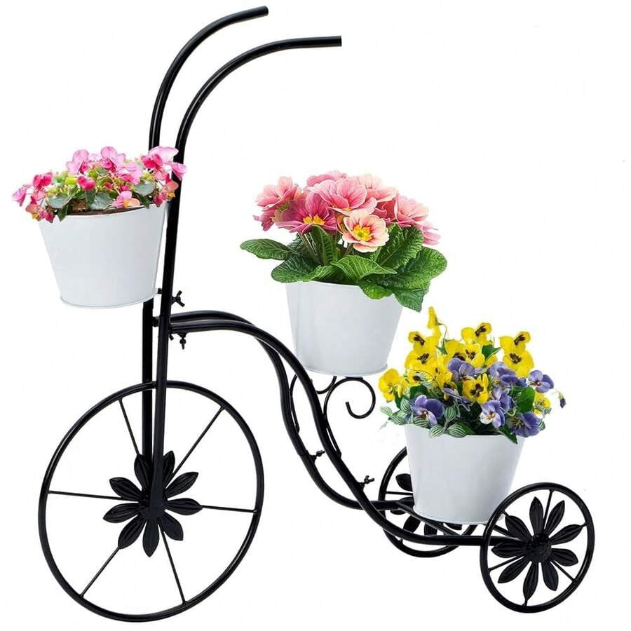 Black-White Metal Tricycle Planter, 3-Tier Floral Flower Stand for ...