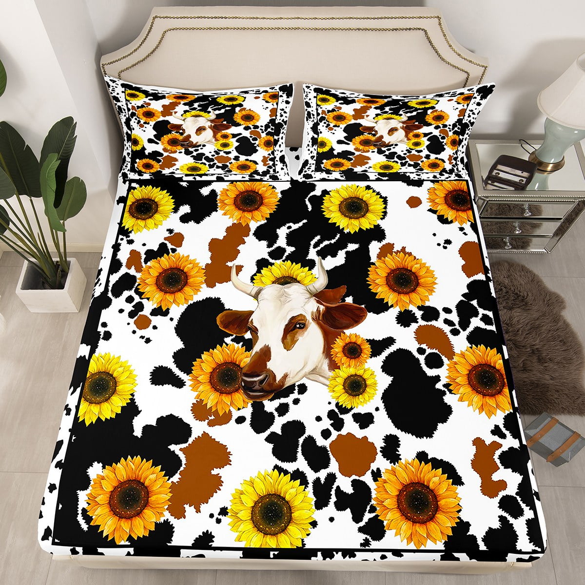 Black and White Milk Cow Print Bed Sheets,Brown Cattle Spots Cowhide ...