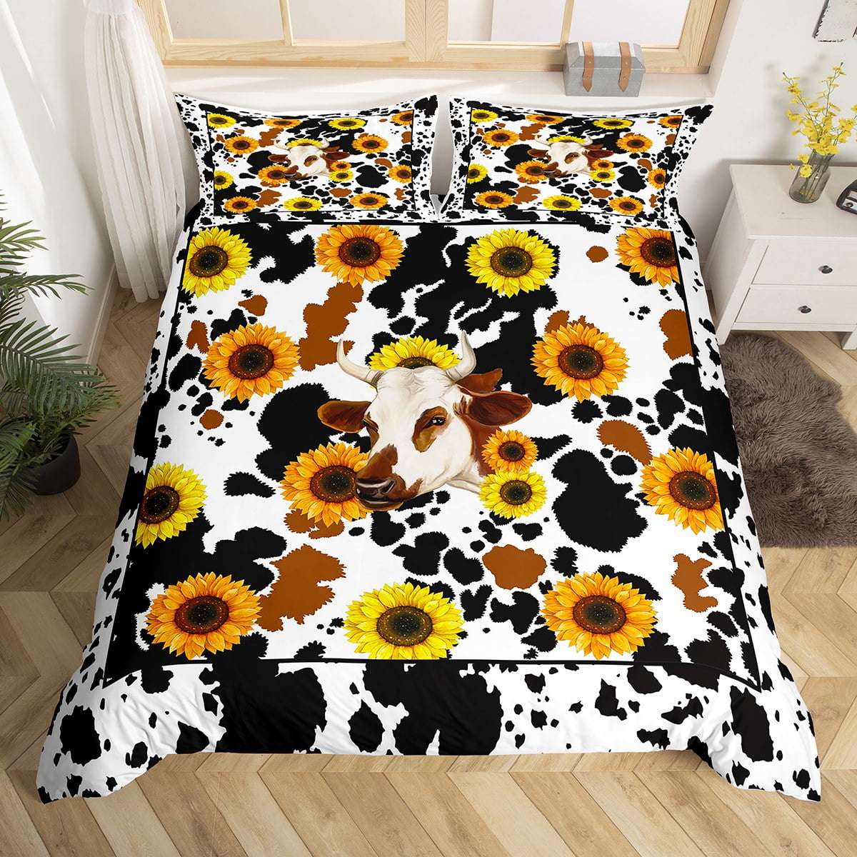 Black and White Milk Cow Print Bedding Set for Girls,Brown Cattle Spots ...