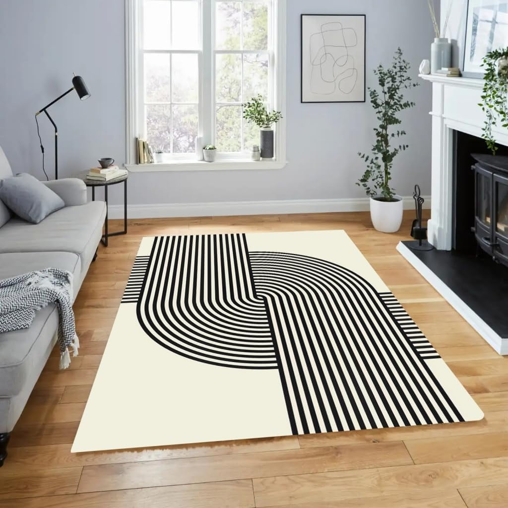 Black And White Minimalist Arch Lines Art Decor Area Rug Ultra Soft Mid ...