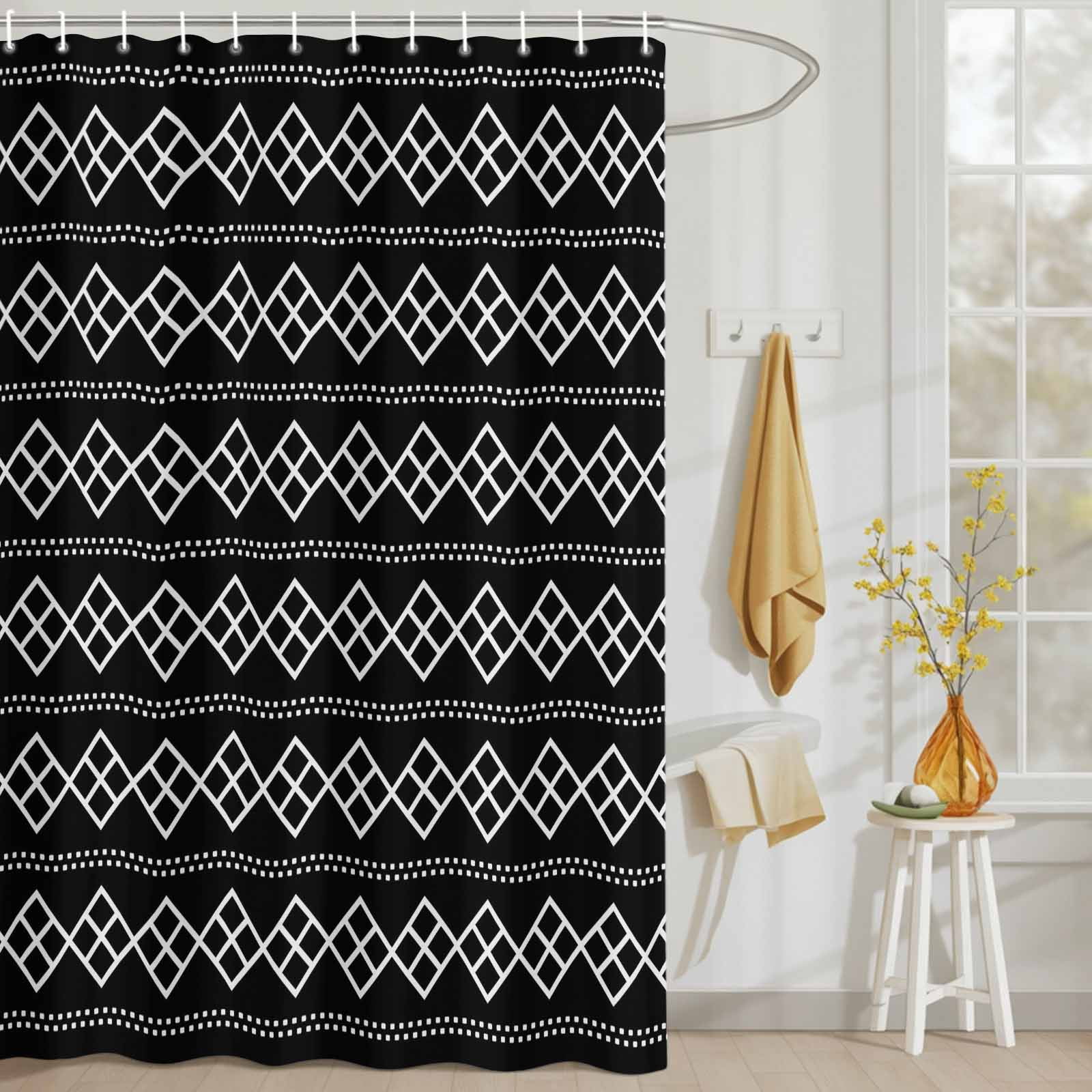 Black White Minimalist Geometric Art Shower Curtain Set, Waterproof ...