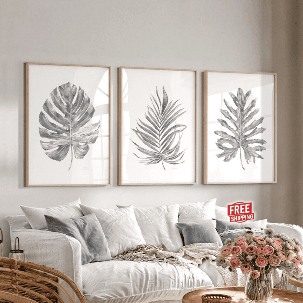 Black White Monstera Palm Tropical Bedroom Living Room Poster Prints ...