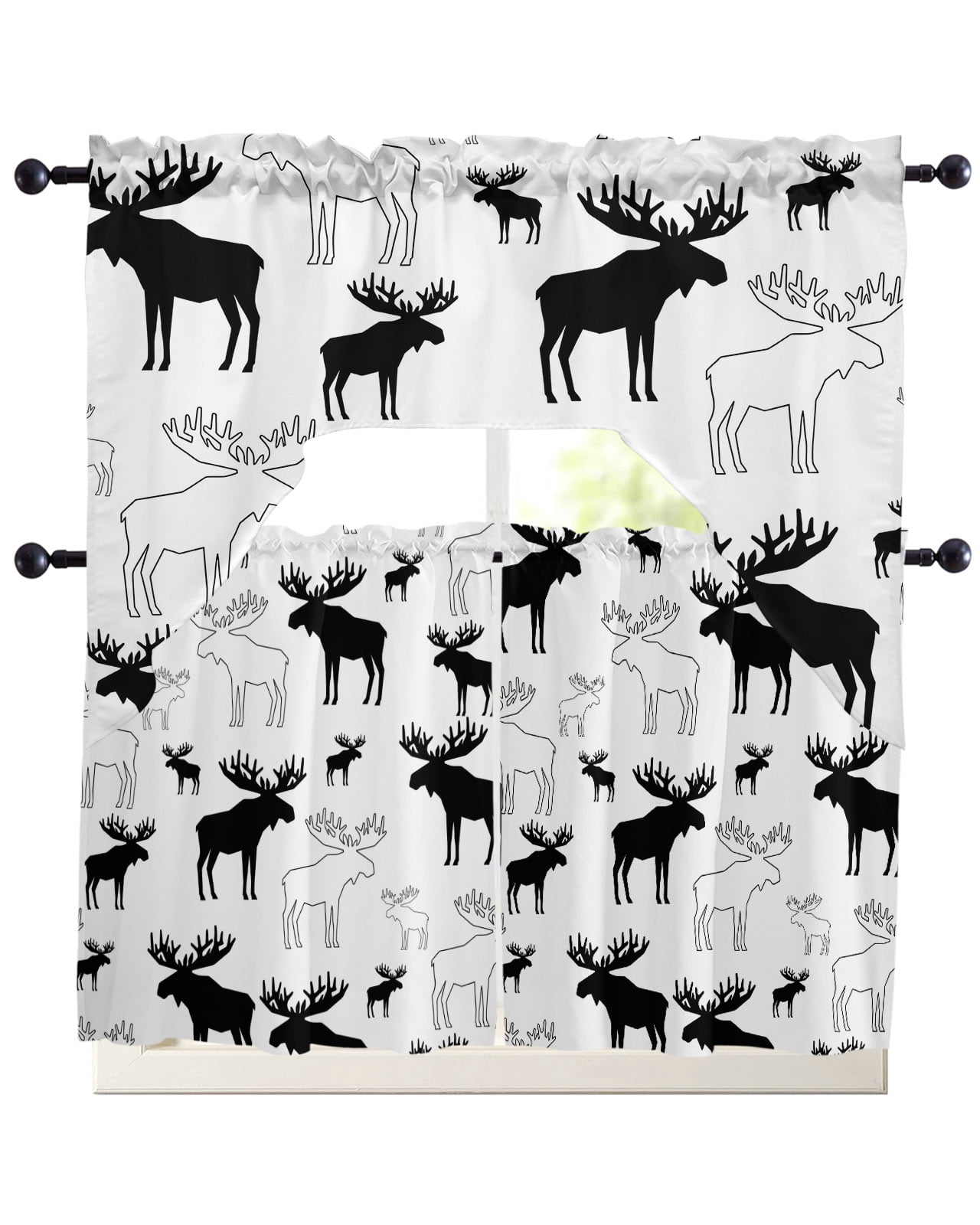 Black White Moose Kitchen Curtains Sets 24 Inch Length with Valance ...