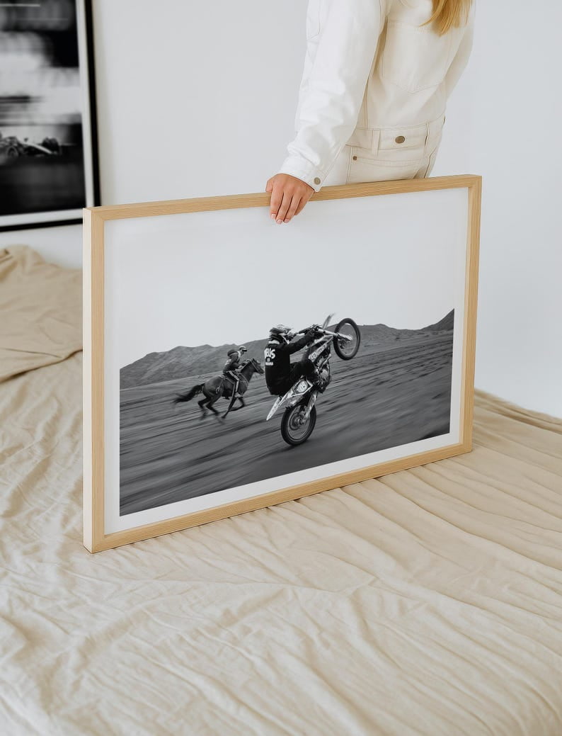 Black & White Motocross Horse Racing Wall Art – Western Desert Action ...