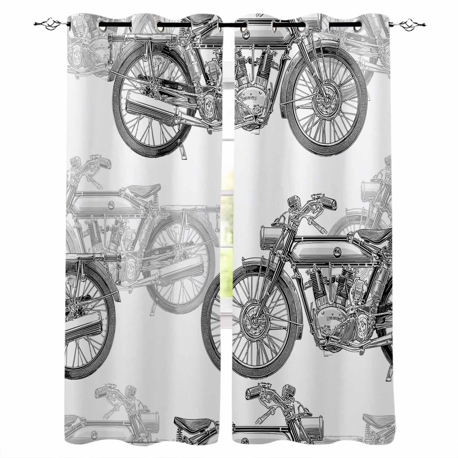 Black White Motorcycles Blackout Curtains 84 Inches Long, Modern Hand ...