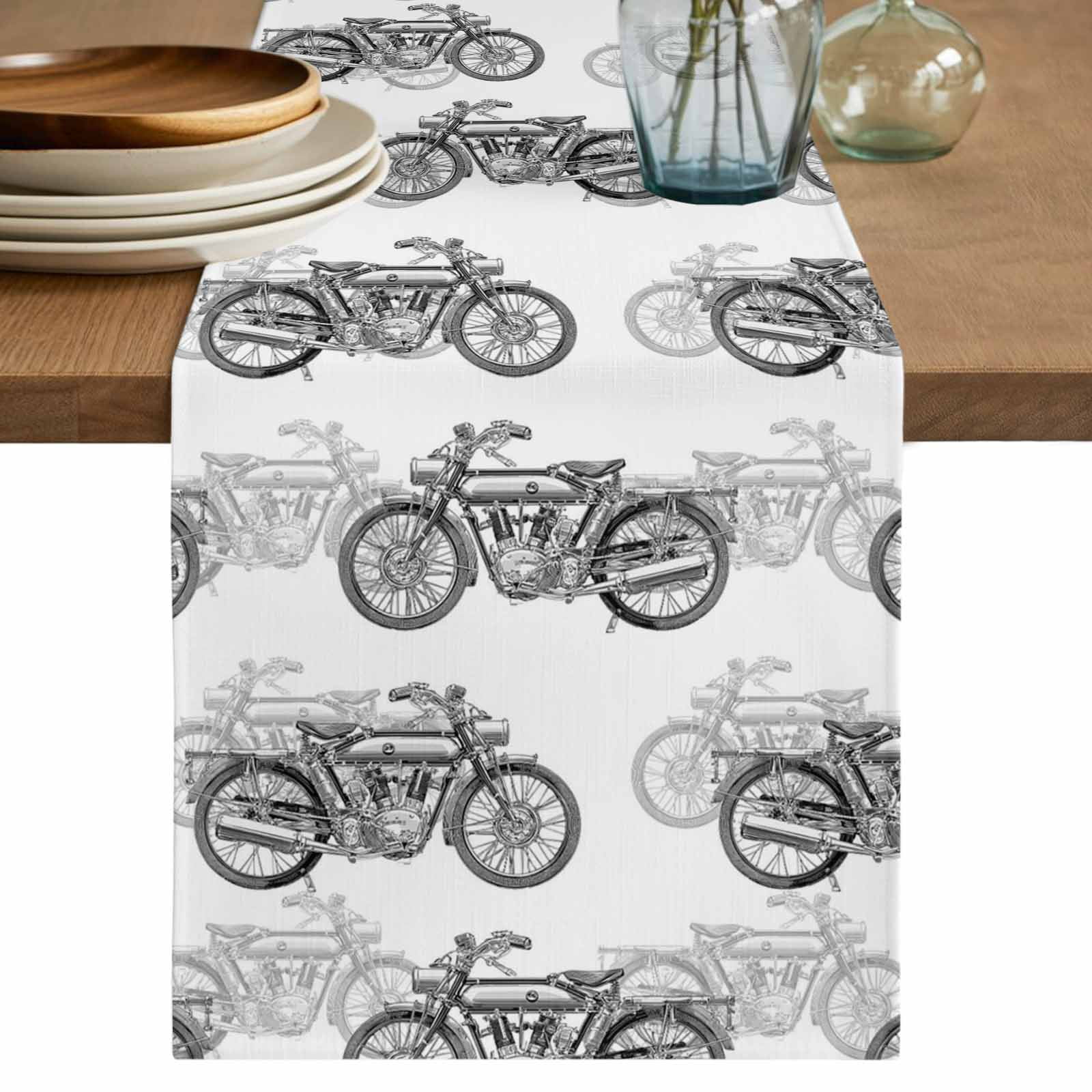 Black White Motorcycles Cotton Linen Table Runner for Dining Kitchen ...