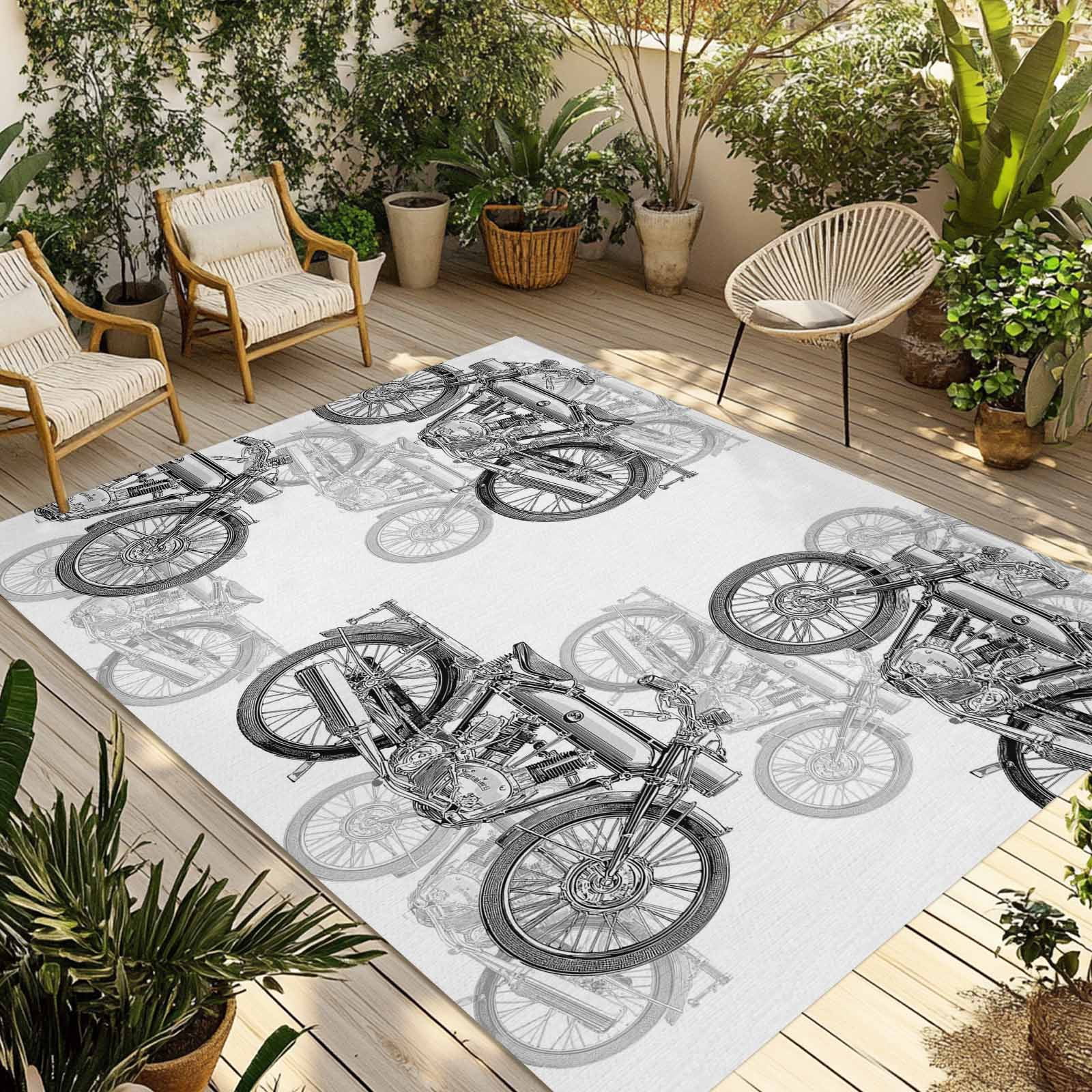 Black White Motorcycles Outdoor Rug for Patio/Deck/Porch, Non-Slip ...