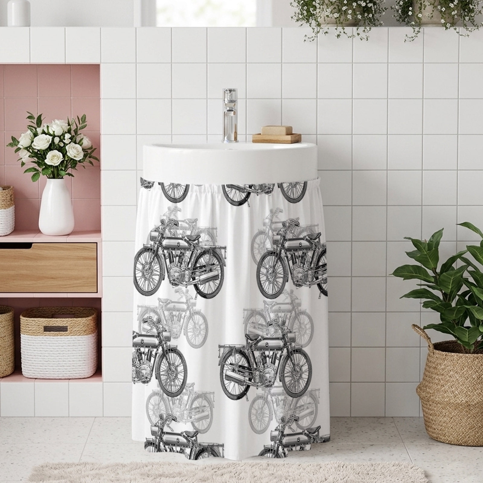 Black White Motorcycles Small Sink Skirt 10''x11'', Modern Hand-Painted ...