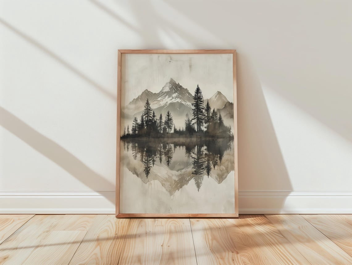 Black White Mountain Forest Landscape Rustic Pine Tree Wall Art ...