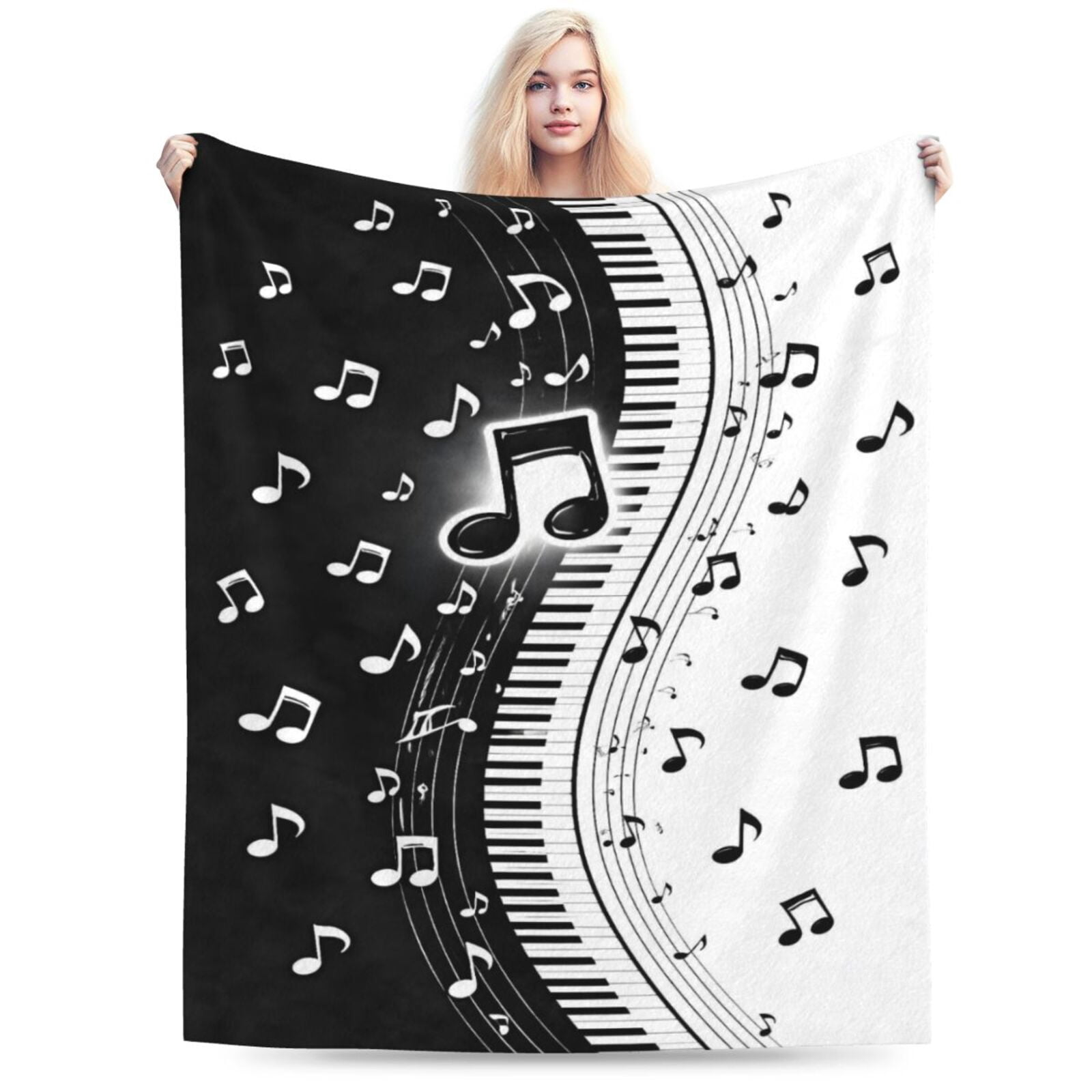 Black White Music Art Blanket for Couch Bed Piano Keyboard Notes Design ...