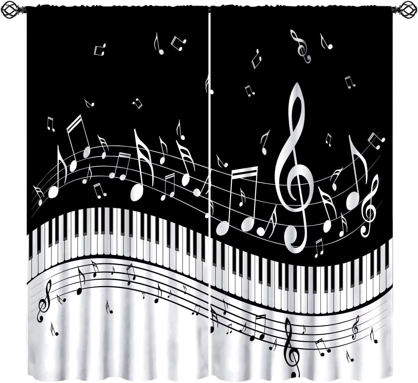 Black White Music Kitchen Curtains Abstract Piano Key Musical Notes Art ...