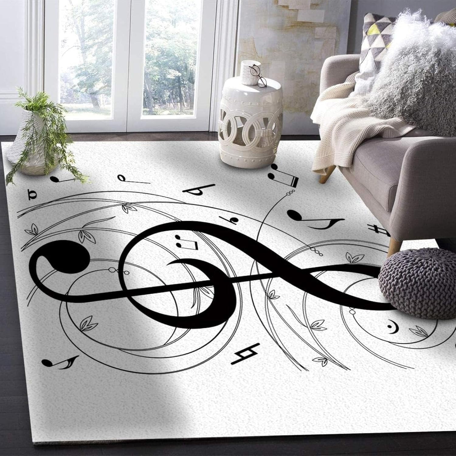 Black White Music Notation Area Rug, Modern Abstract Minimalism Print ...
