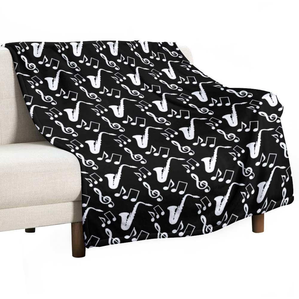 Black White Music Notes Saxophone Blanket, Gift Throw Blanket for Sofa ...