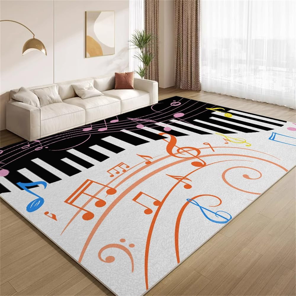 Black White Music Piano Area Rug Colorful Musical Note Sheet Music Rugs ...