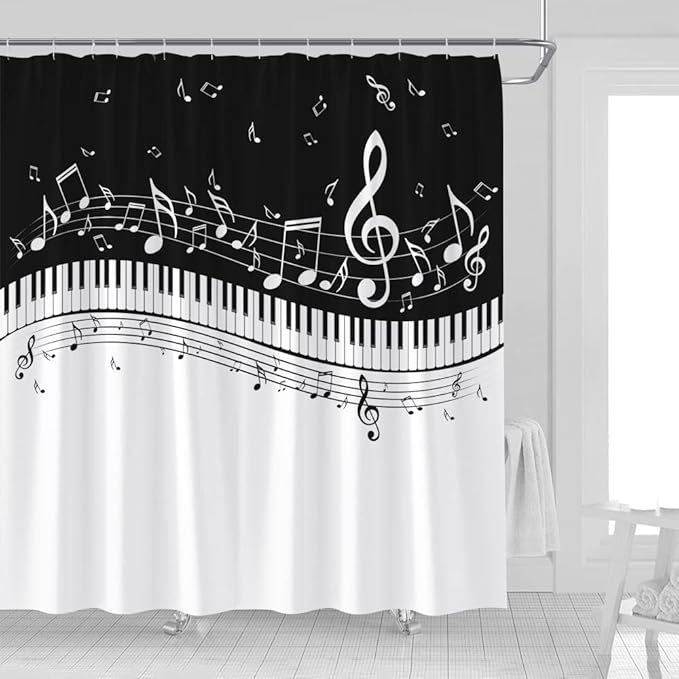 Black And White Music Shower Curtain Musical Notes Piano Key Musical ...